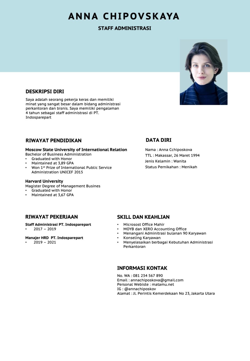 Contoh CV untuk Staff Administrasi Kantor Kreatif dengan Link Download ...