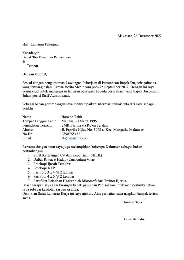 Contoh Surat Lamaran Kerja Tanpa Nama Perusahaan atau PT - Matamu