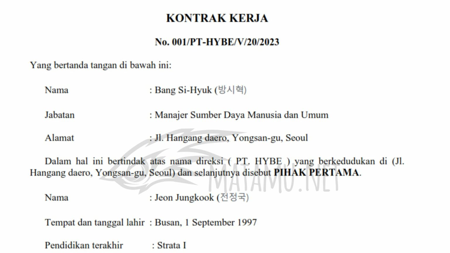 Contoh Surat Perjanjian Kerja Kontrak - matamu